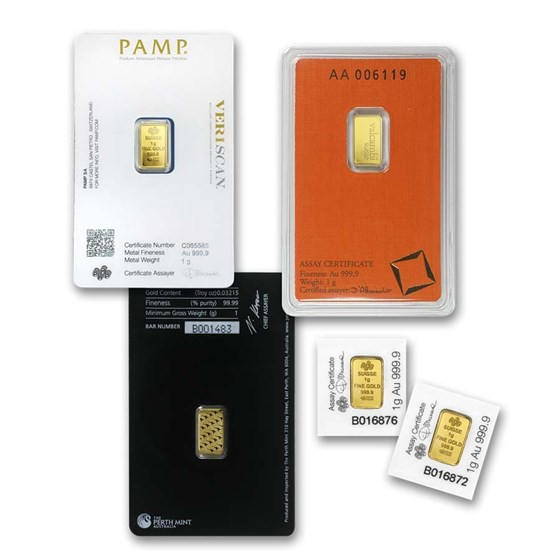 Buy 1 gram Gold Bar Secondary Market w/Assay | APMEX
