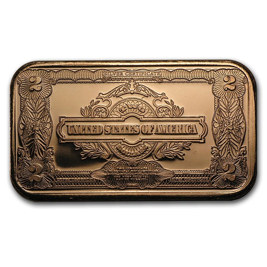 APMEX - 1 oz Copper Bar - $2.00 Washington Silver Certificate Replica