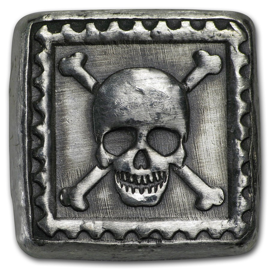 Buy 1 oz Silver Poured Skull & Bones Postage Stamp | APMEX