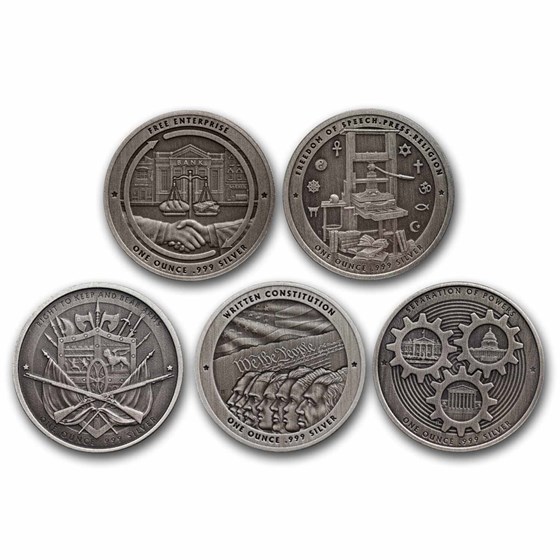 Buy 1 oz Silver Antique Rounds - Founders of Liberty Full Set of 5 | APMEX