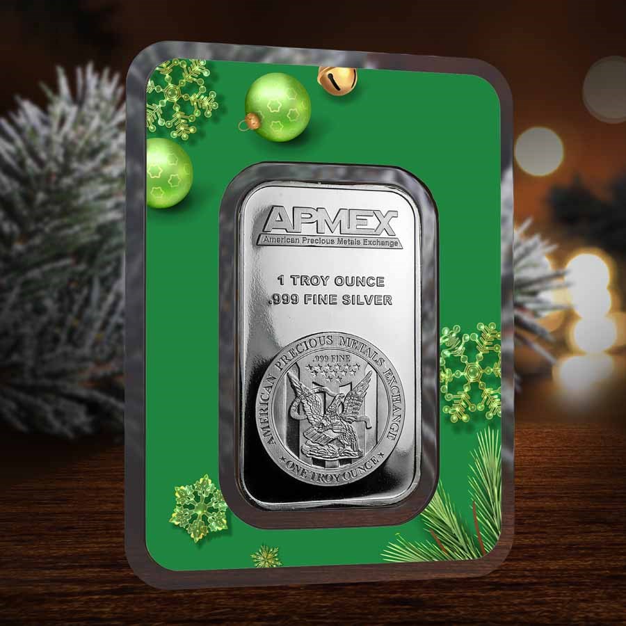 Buy 1 oz Silver Bar - APMEX (w/Green Festive Holiday Card, In TEP) | APMEX