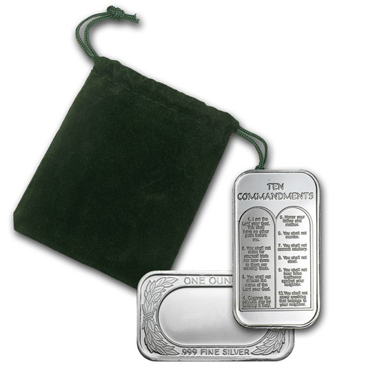 Buy 1 oz Silver Bar - Ten Commandments (w/Green Pouch & Cap) | APMEX