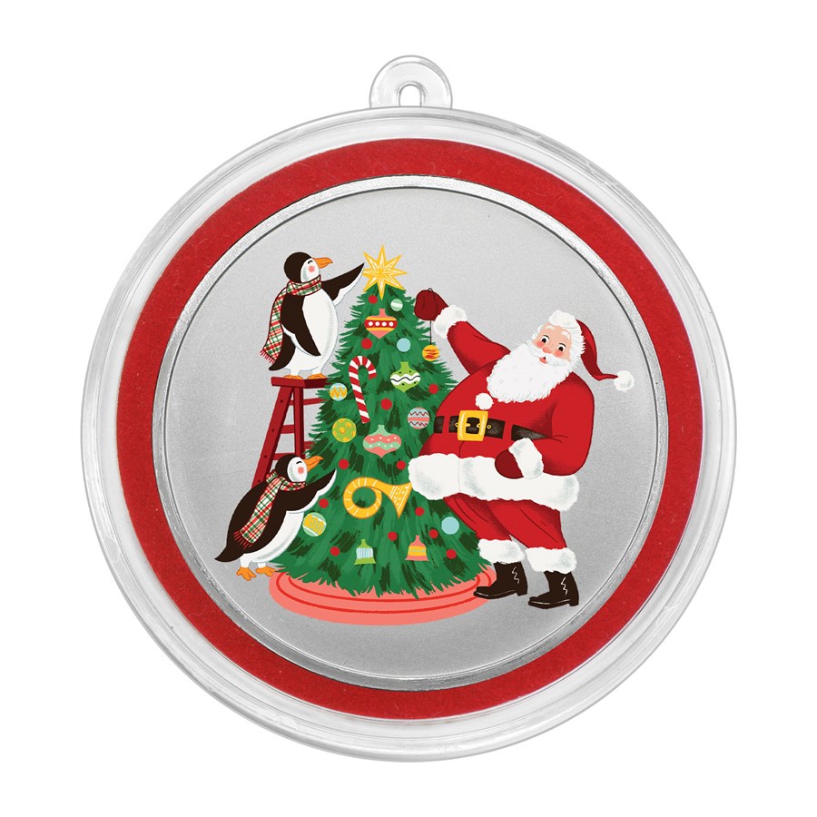 1 oz Silver Colorized Round - Santa & Penguins Christmas Tree