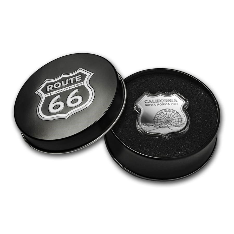 Buy 1 oz Silver - Route 66 Santa Monica Pier w/Gift Box Tin | APMEX