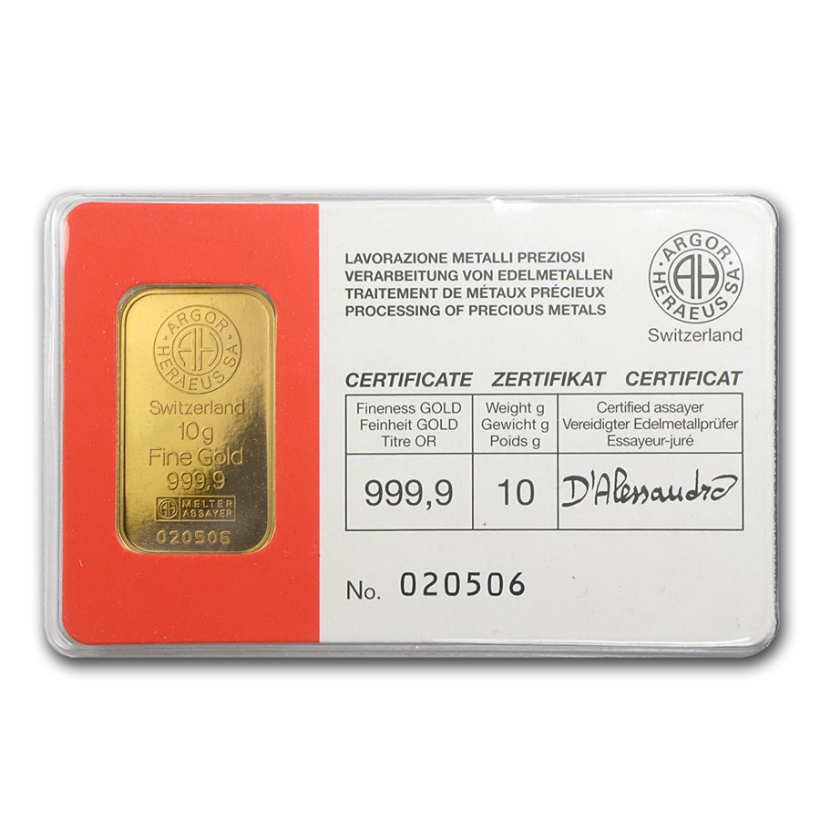 Buy 10 gram Gold Bar - Argor-Heraeus (Vintage, In Assay) | APMEX