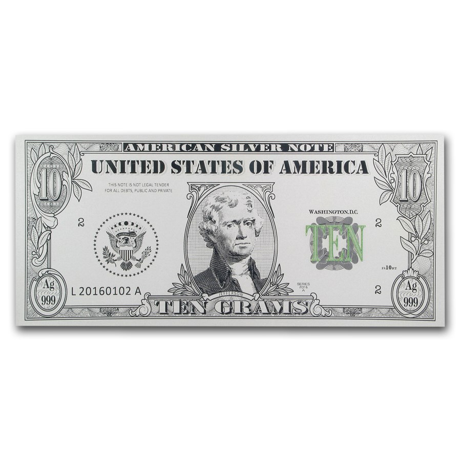 Buy 10 gram Silver US Presidents Collection Note Bar Thomas Jefferson ...