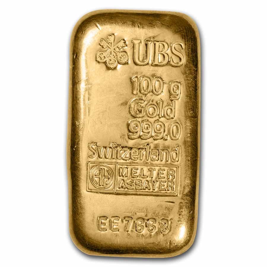 Buy 100 gram Cast-Poured Gold Bar - Union Bank of Switzerland | APMEX