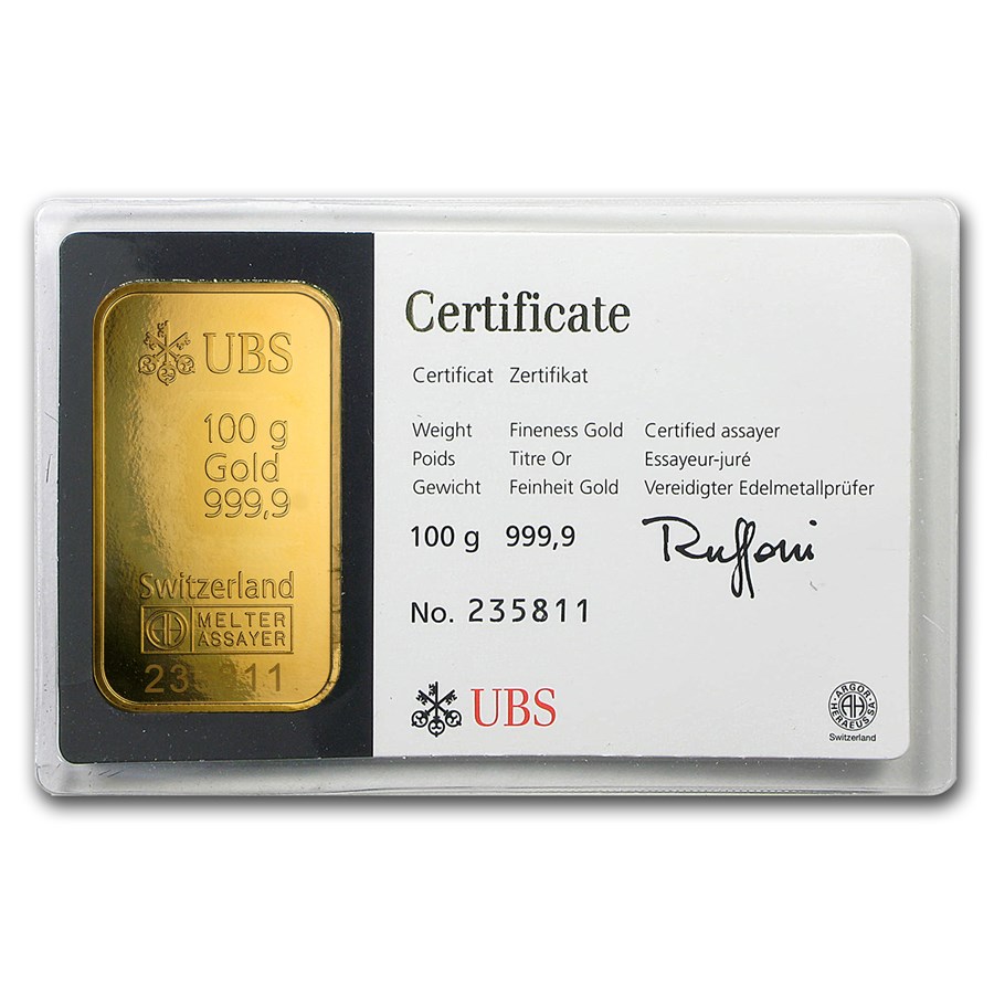 Buy 100 gram Gold Bar - Union Bank of Switzerland (In Assay) | APMEX