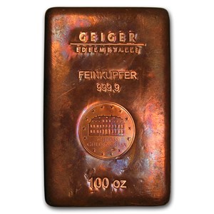 Buy 100 oz Copper Bar - Geiger (Poured, .9999 Fine, Tarnished) | APMEX