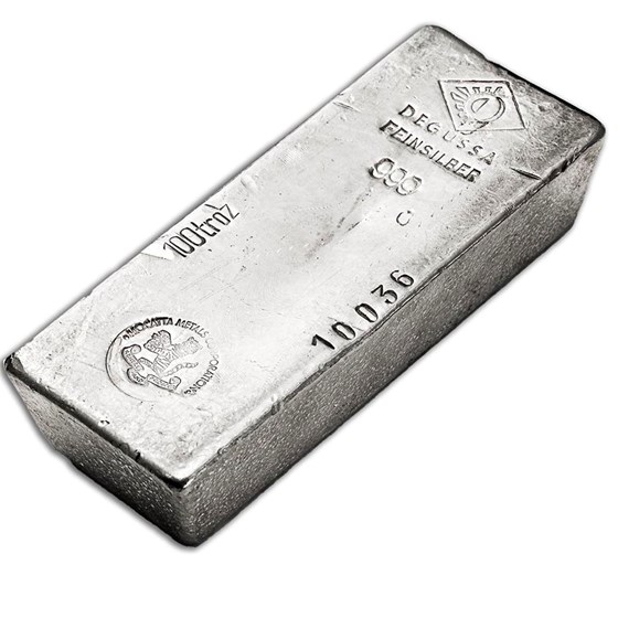 100 oz Silver Bar - Degussa (w/ Mocatta Metals Corp Stamp)