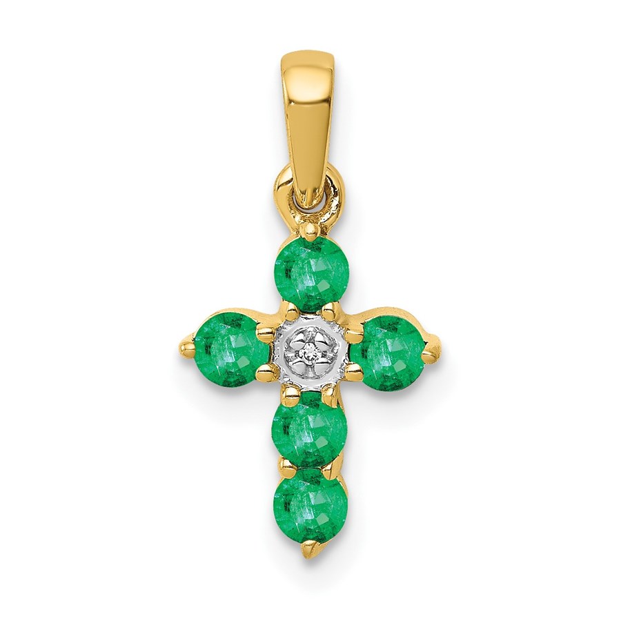 10K Yellow Gold Emerald and Diamond Cross Pendant - 17.5 mm