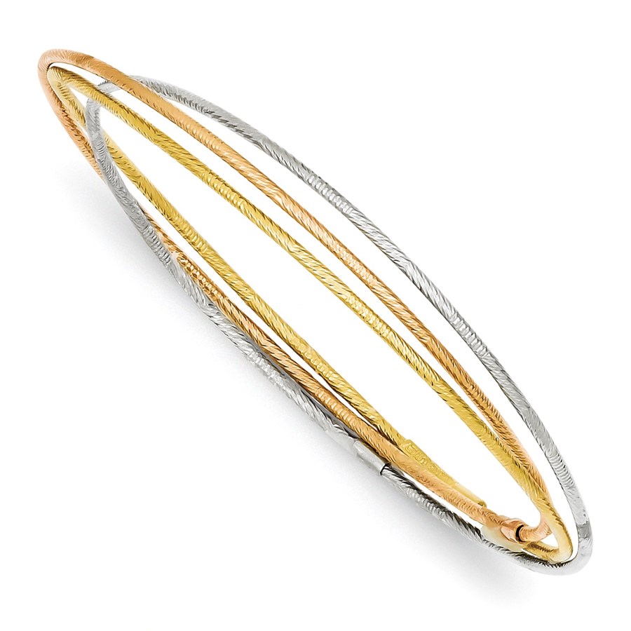 Buy 14k Gold Tri-Color Diamond Cut 3 Intertwined Bangle Bracelet | APMEX