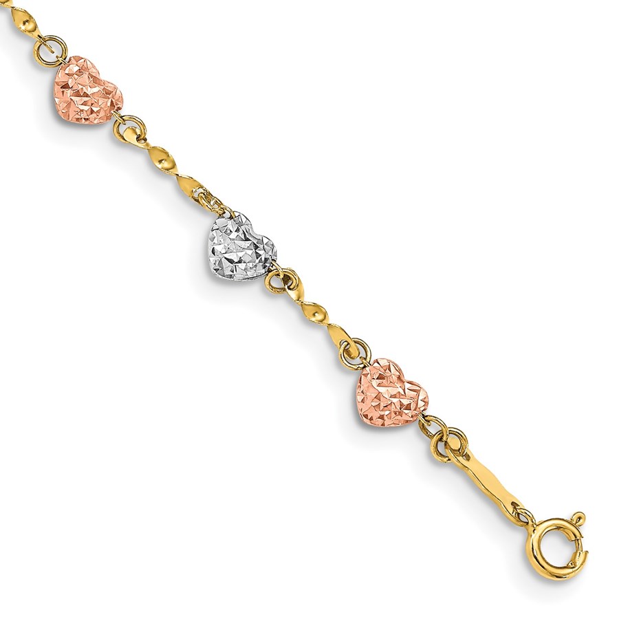 14K Tri-Color Diamond-cut Puff Heart Bracelet - 8 in.