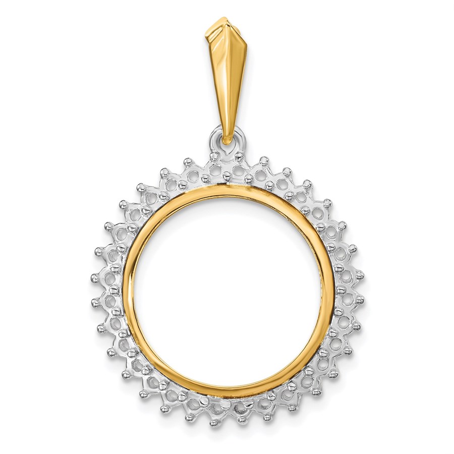 14K Two-tone Diamond Circle 17.8 mm Prong Coin Bezel Pendant