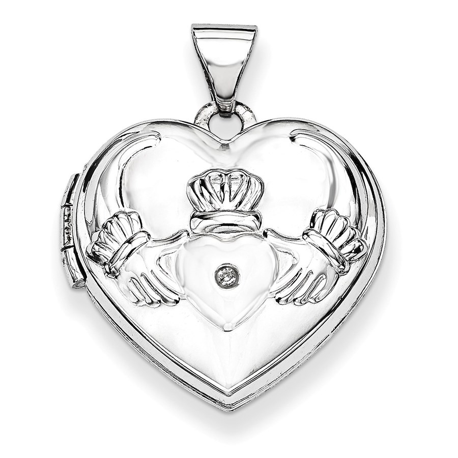 Buy 14k White Gold Diamond Heart Claddagh Locket | APMEX