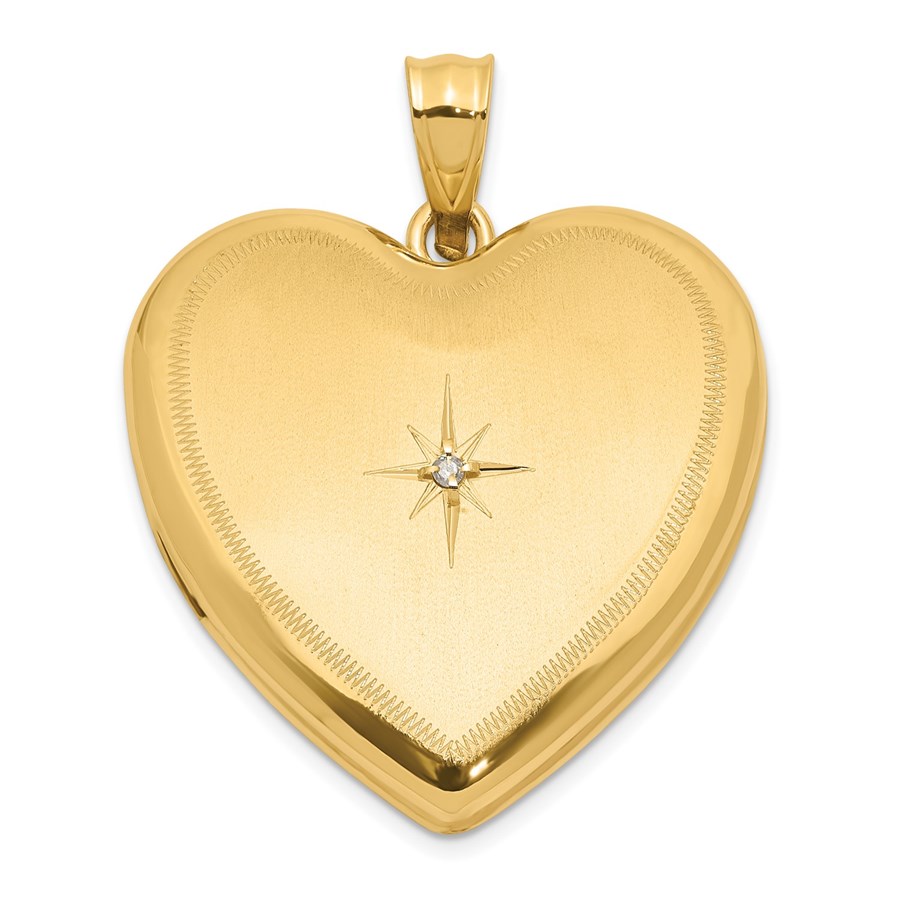 14K Yellow Gold 24mm Satin Diamond Heart Locket - 30 mm