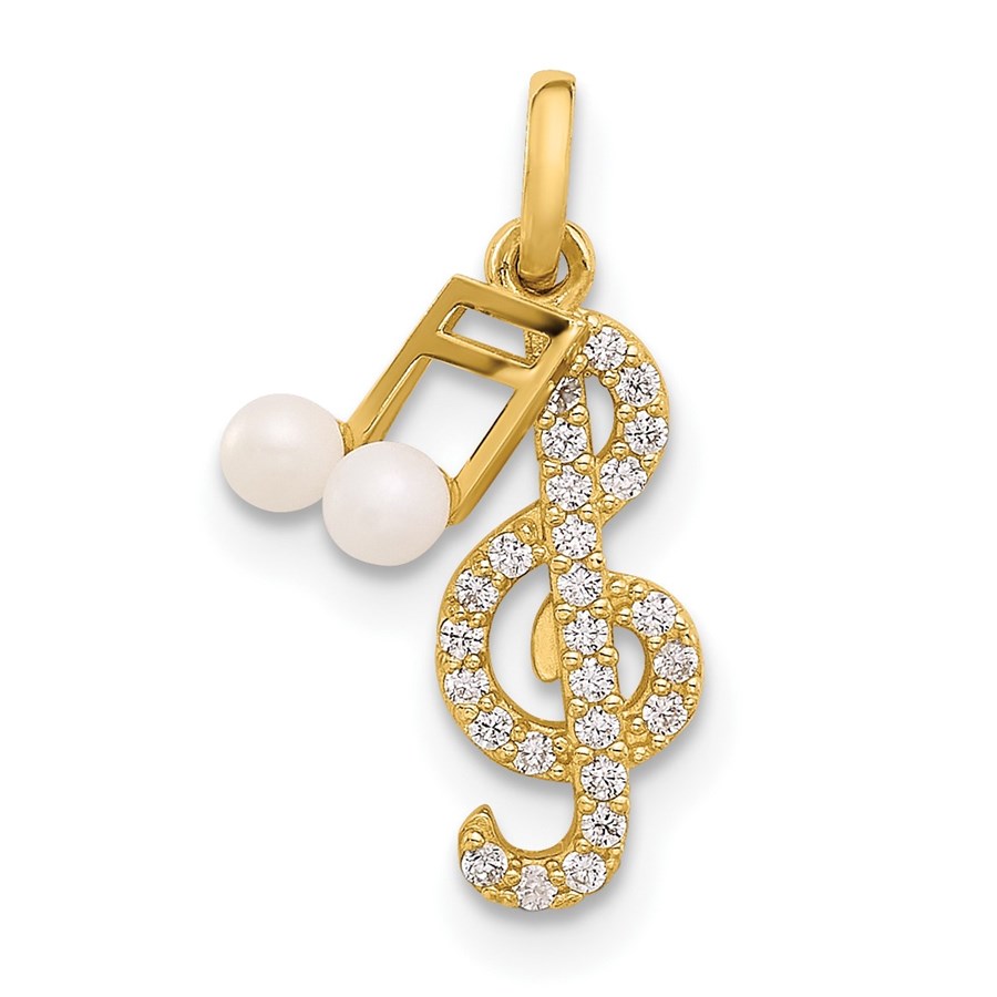 14K Yellow Gold CZ Cultured Pearl Music Notes Pendant - 16.9 mm