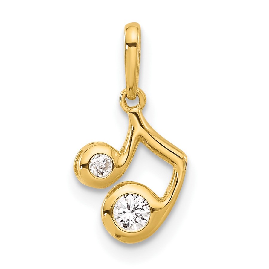 14K Yellow Gold CZ Music Note Pendant - 15.5 mm