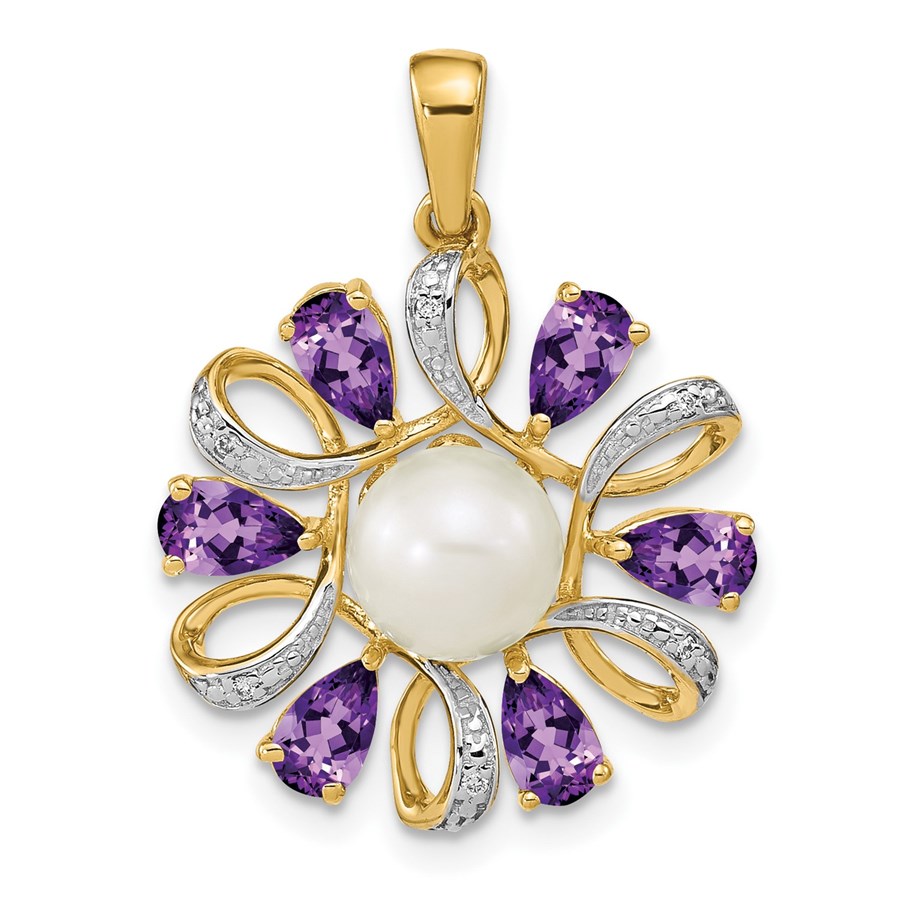 14K Yellow Gold Diamond Button Pearl/Amethyst Pendant - 28 mm