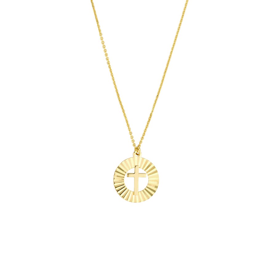 14K Yellow Gold Fluted Cross Medallion Necklace - 18 in.