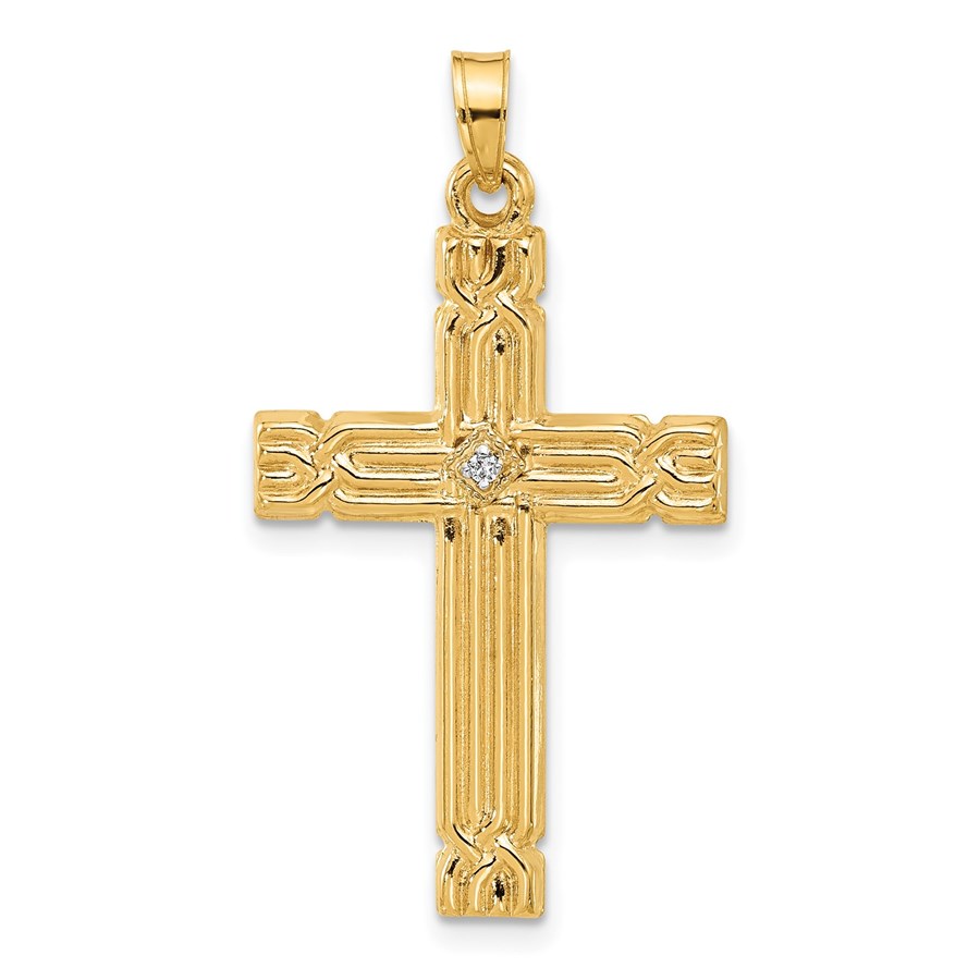 14K Yellow Gold Hollow Diamond Cross Pendant - 28.9 mm