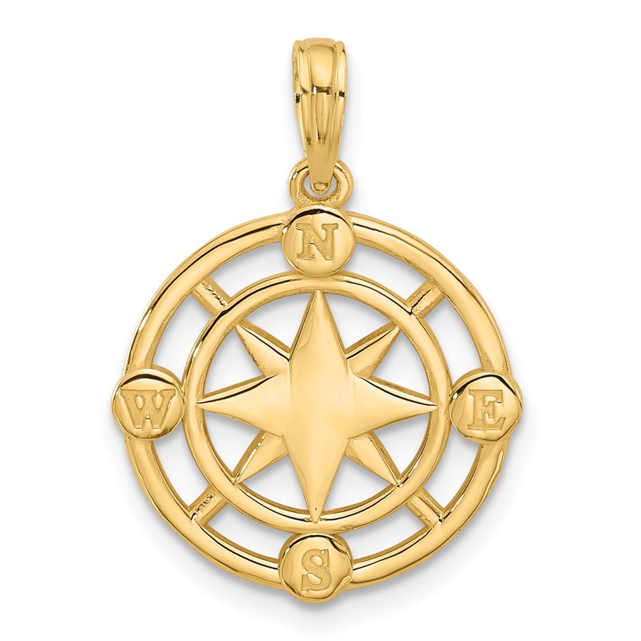 14K Yellow Gold Round Compass Charm - 25 mm
