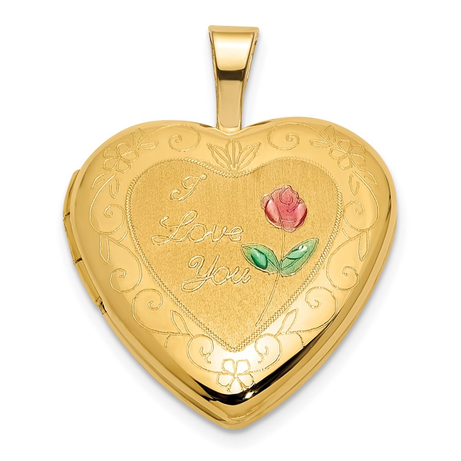 14K Yellow Gold Satin 16mm Rose Heart Locket - 21.5 mm
