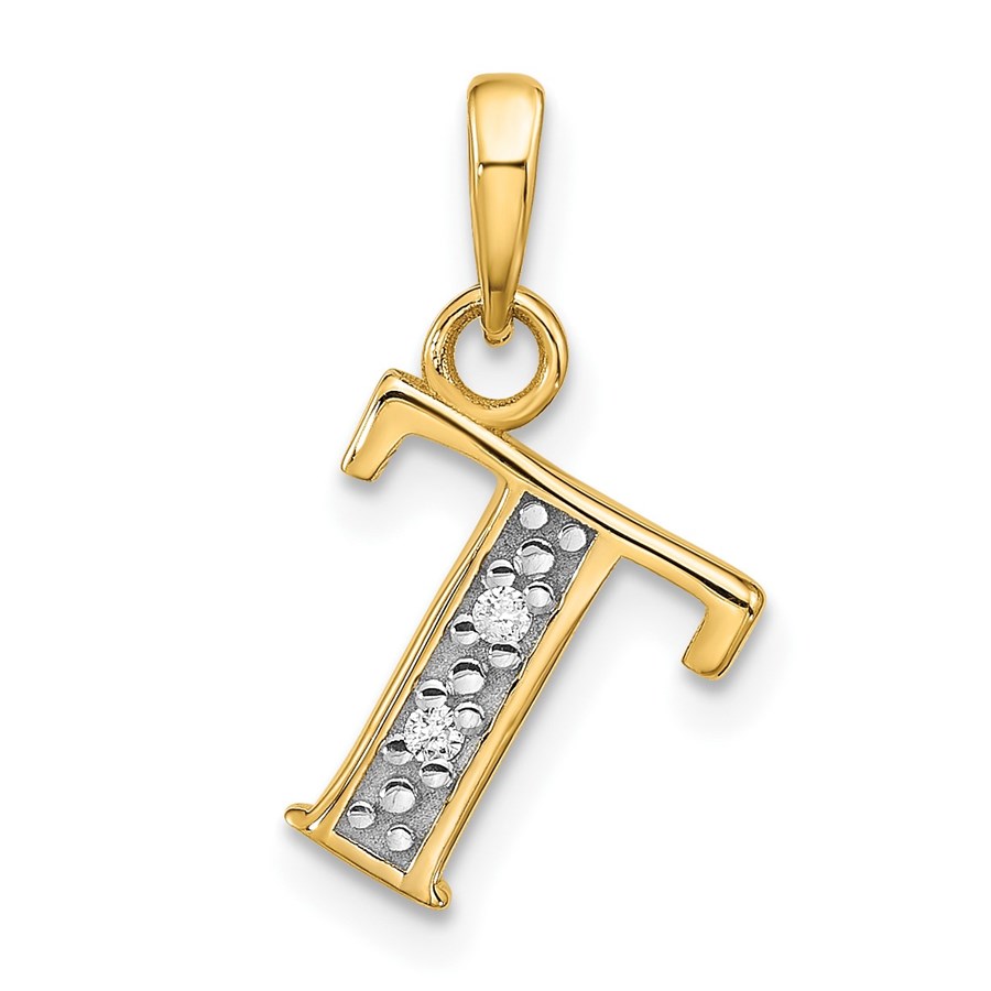14K Yellow & Rhodium Diamond Letter T Initial Pendant - 19 mm
