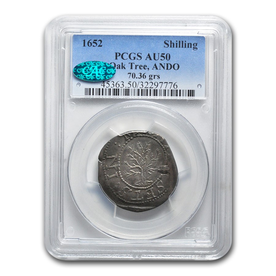 Buy 1652 Oak Tree Shilling ANDO Variety AU-50 PCGS CAC | APMEX