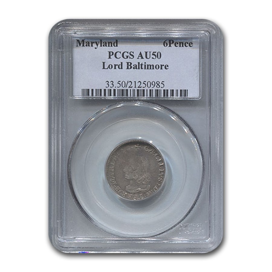 Buy 1658-59 6 Pence Maryland Lord Baltimore AU-50 PCGS | APMEX