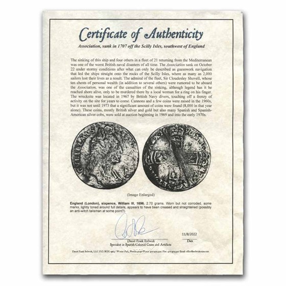 1696 England Silver Sixpence (HMS Association Shipwreck)