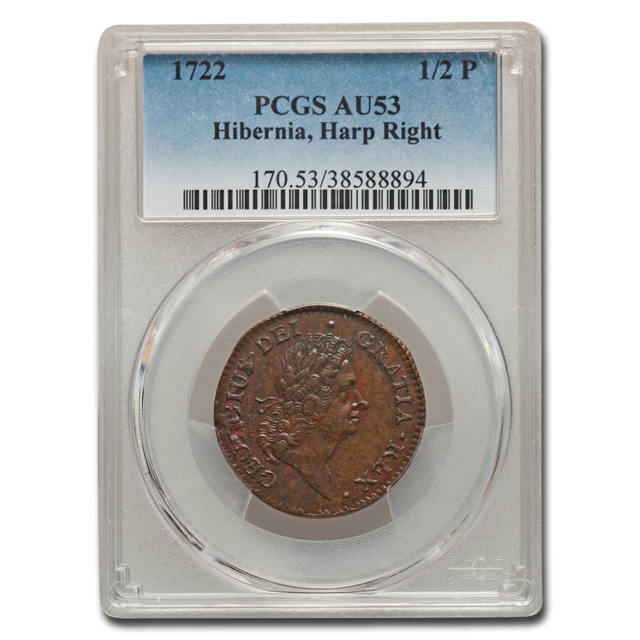 Buy 1722 Wood's Hibernia Halfpenny, Harp Right AU-53 PCGS | APMEX
