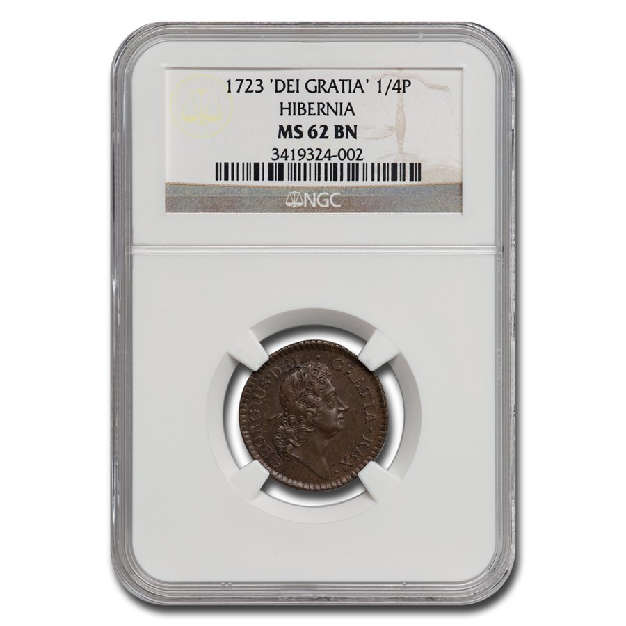 Buy 1723 Hibernia Quarter Pence MS-62 NGC (Brown, DEI GRATIA) | APMEX