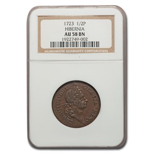 Buy 1723 Wood's Hibernia Halfpenny AU-58 NGC (Brown) | APMEX