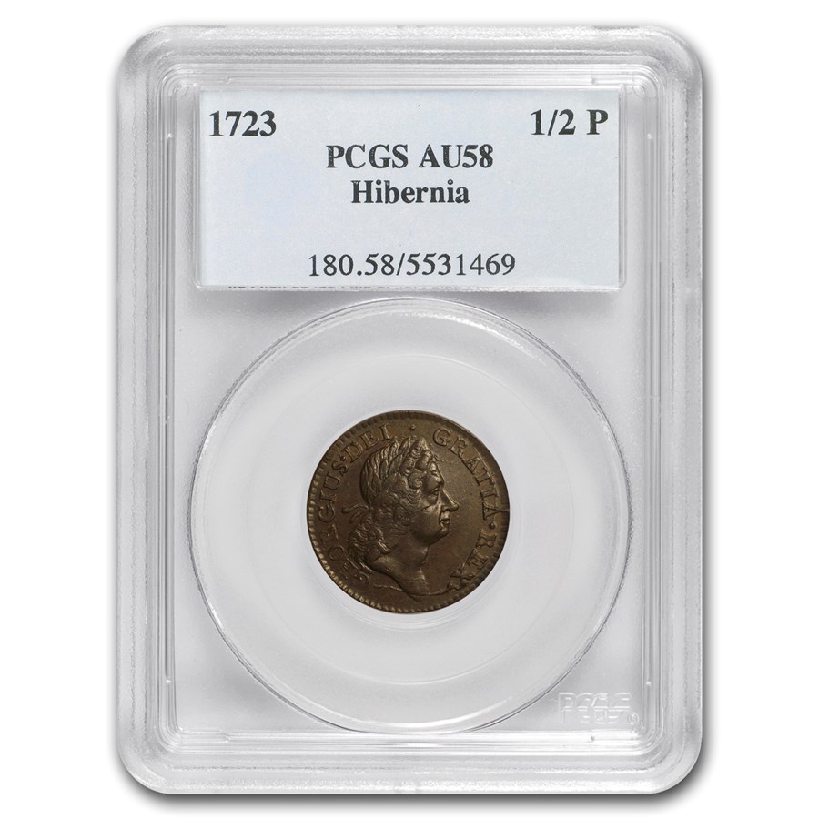 Buy 1723 Wood's Hibernia Halfpenny, Harp Right AU-58 PCGS | APMEX