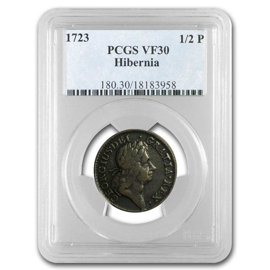 Buy 1723 Wood's Hibernia Halfpenny, Harp Right VF-30 PCGS | APMEX