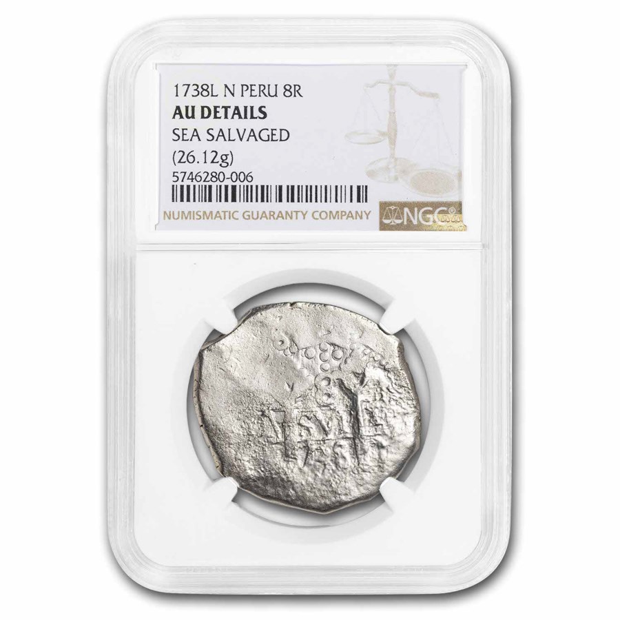 1738-L N Peru Silver 8 Reales Cob AU Details NGC (Sea Salvaged)