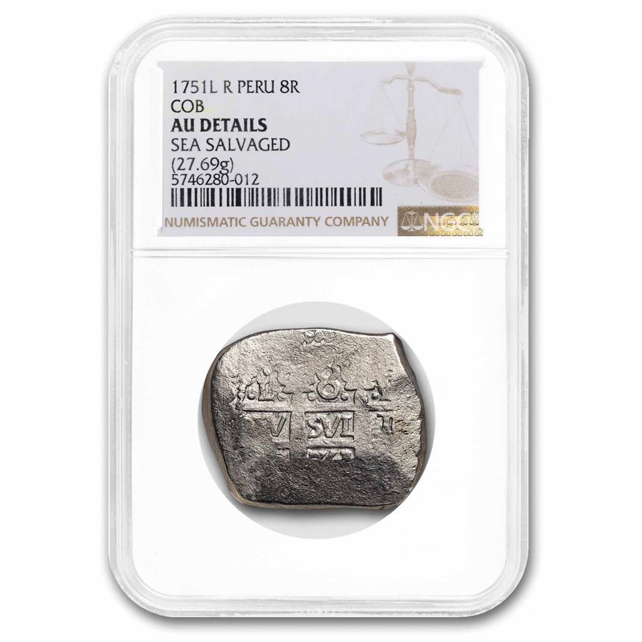 1751-L R Peru Silver 8 Reales Cob AU Details NGC (Sea Salvaged)