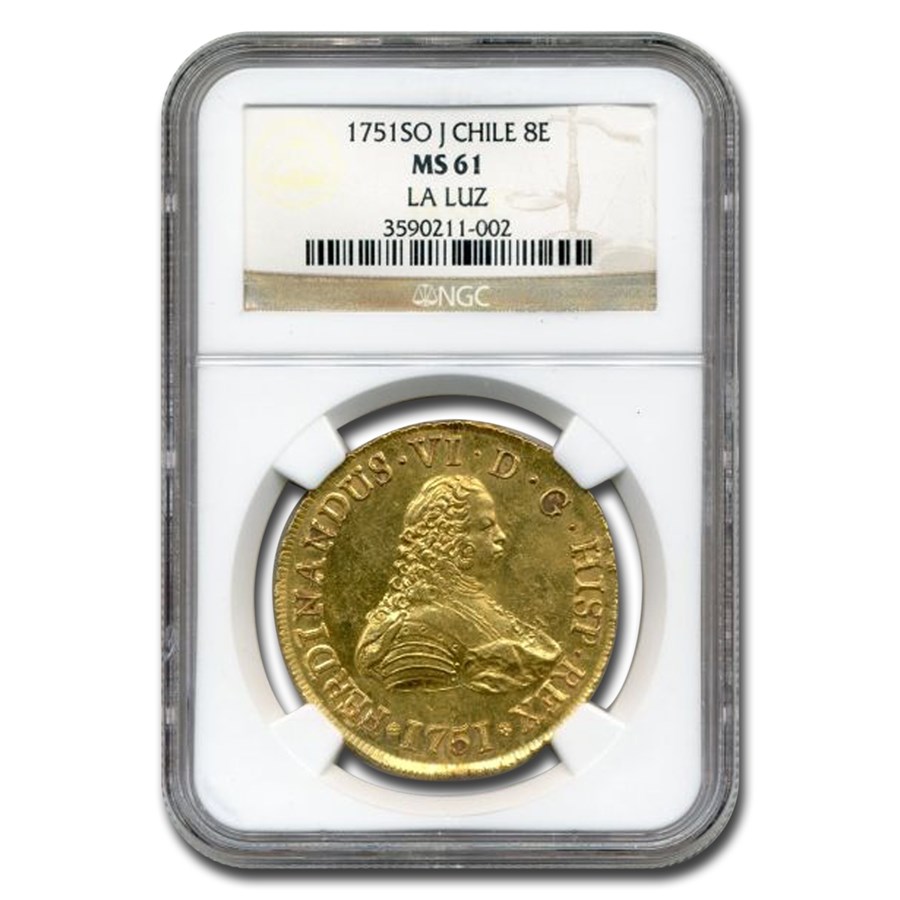 Buy 1751-So Chile Gold 8 Escudos Ferdinand VI MS-61 NGC | APMEX