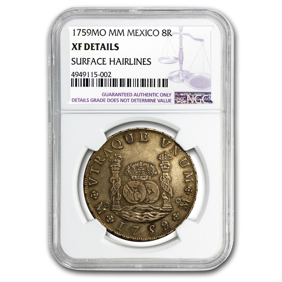 Buy 1759 Mo-MM Mexico Silver 8 Reales Pillar Dollar XF Details NGC | APMEX