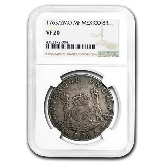 Buy 1763/2-Mo MF Mexico Silver 8 Reales Pillar Dollar VF-20 NGC | APMEX