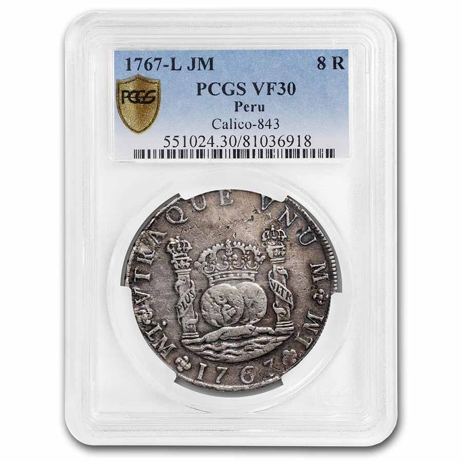 Buy 1767 L-JM Peru Silver 8 Reales Carlos III VF-30 PCGS | APMEX