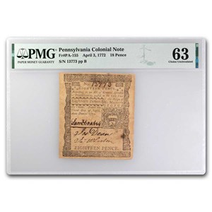 Buy 1772 18 Pence Pennsylvania 4/3/1772 CH CU-63 PMG (Fr#PA-155) | APMEX