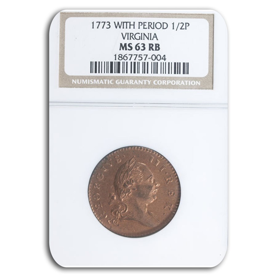 Buy 1773 Virginia Half Penny MS-63 NGC (w/Period, Red/Brown) | APMEX