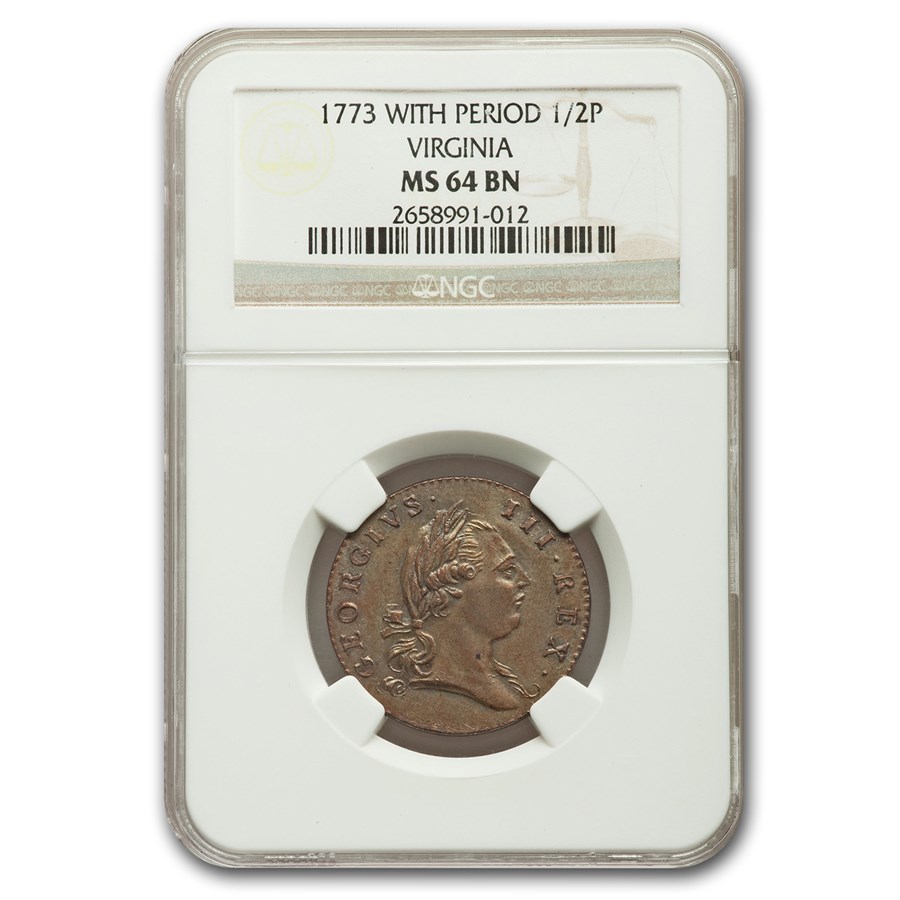 Buy 1773 Virginia Half Penny MS-64 NGC (Brown, with PERIOD) | APMEX