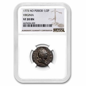 Buy 1773 Virginia Half Penny VF-20 NGC (No Period, Brown) | APMEX