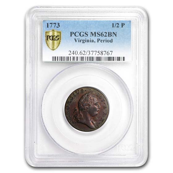 Buy 1773 Virginia Half Penny w/Period MS-62 PCGS (Brown) | APMEX