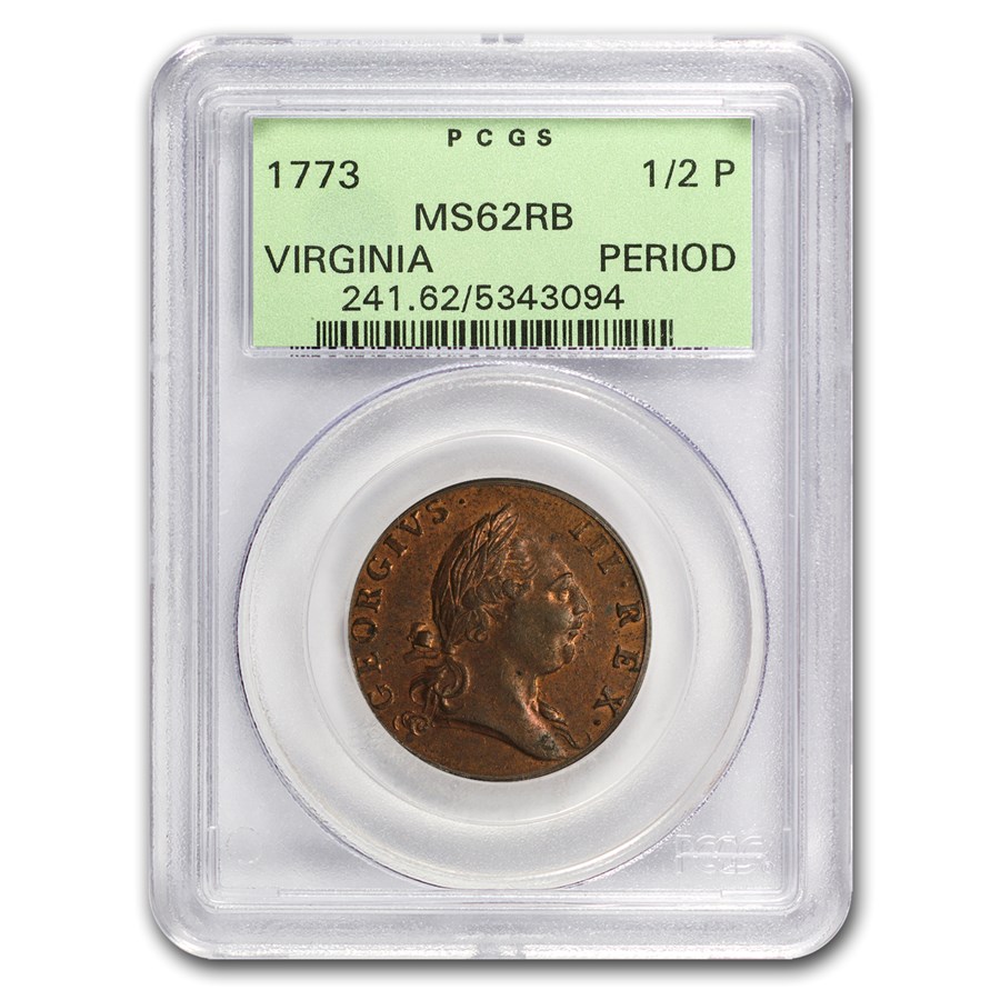 Buy 1773 Virginia Half Penny w/Period MS-62 PCGS (Red/Brown) | APMEX