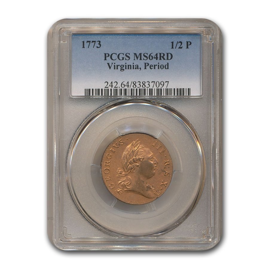 Buy 1773 Virginia Half Penny w/Period MS-64 PCGS (Red) | APMEX
