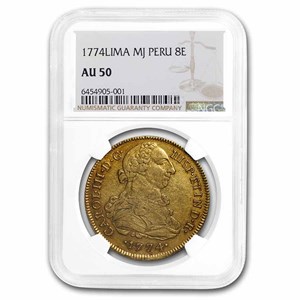 Buy 1774 Lima MJ Peru Gold 8 Escudos Charles III AU-50 NGC | APMEX